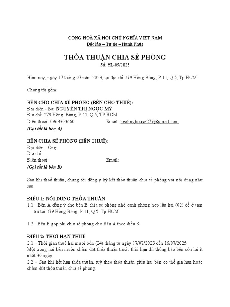 Hop Dong Chia Se Phong - q.5 - Phuoc | PDF