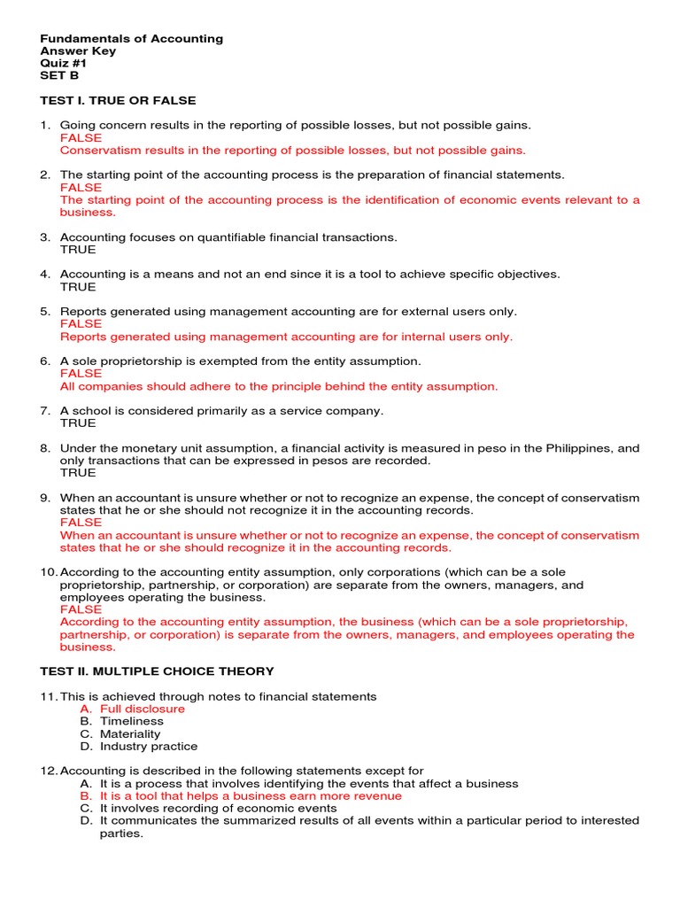 FDNACCT - Quiz #1 - Set B - Answer Key | PDF | Revenue | Expense