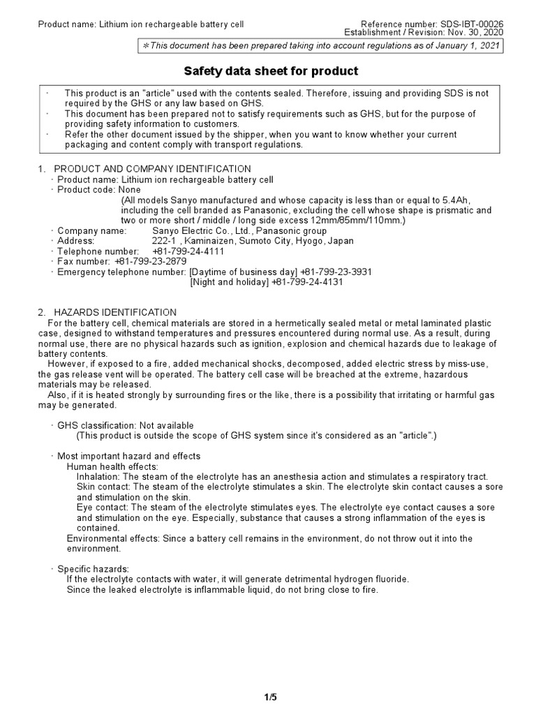 MSDS - Panasonic 18650 | PDF | Rechargeable Battery | Lithium Ion Battery