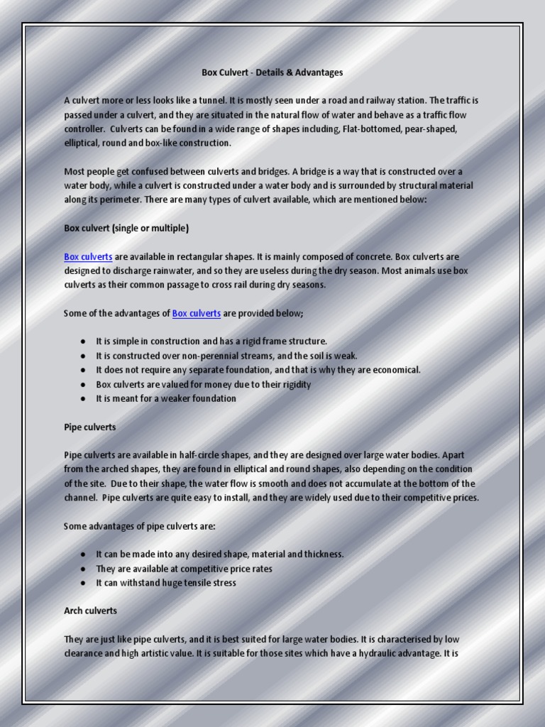 Box Culvert: Types and Advantages | PDF | Bridge | Building Engineering