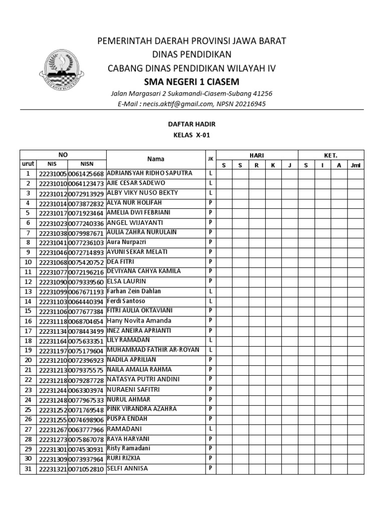 Daftar Hadir Kelas X SMA Negeri 1 Ciasem | PDF