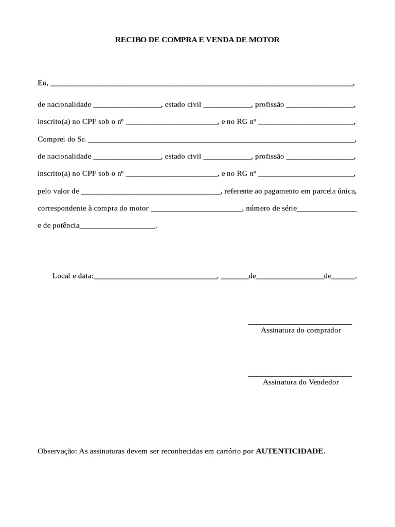 Recibo de Compra e Venda Do Motor | PDF