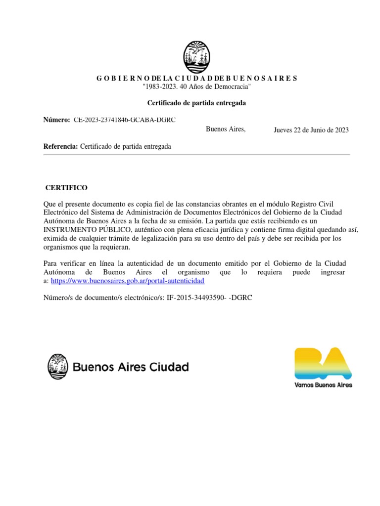Certificado de Partida Entregada CABA | PDF | Finanzas y dinero ...