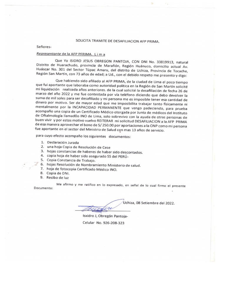 Solicitud Tramite de Desafiliacion Afp Prima | PDF