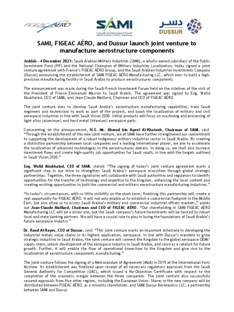 Sami Dussur Figeac Aero JV Launch PR - Vdef Uk | PDF | Joint Venture ...