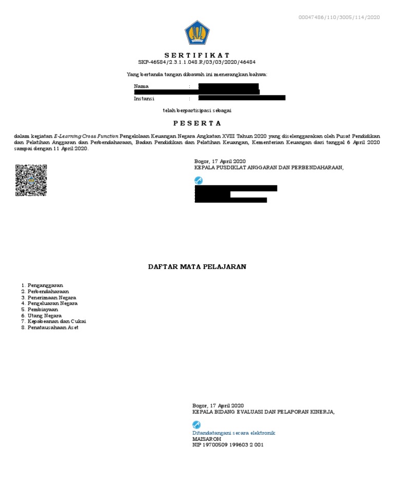 Sertifikat E-Learning Keuangan 2020 | PDF