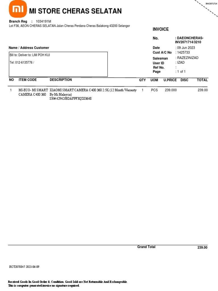 Xiaomi Smart Camera Invoice - AEON Cheras | PDF