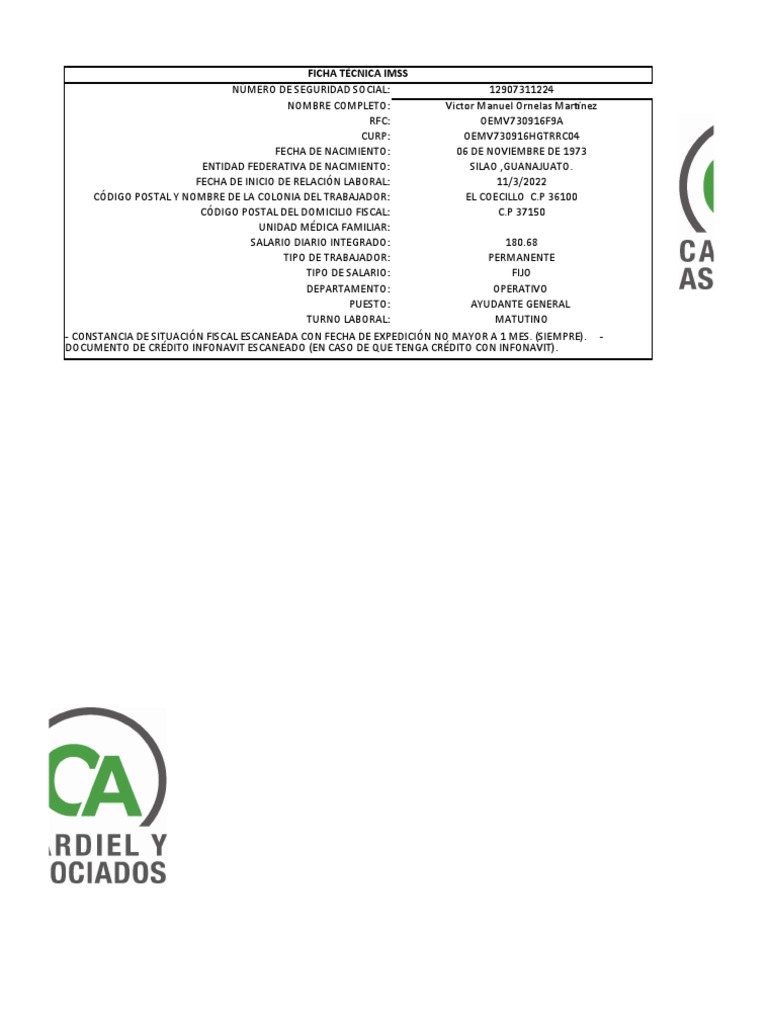 Ficha Técnica Imss Victor Manuel Ornelas | PDF