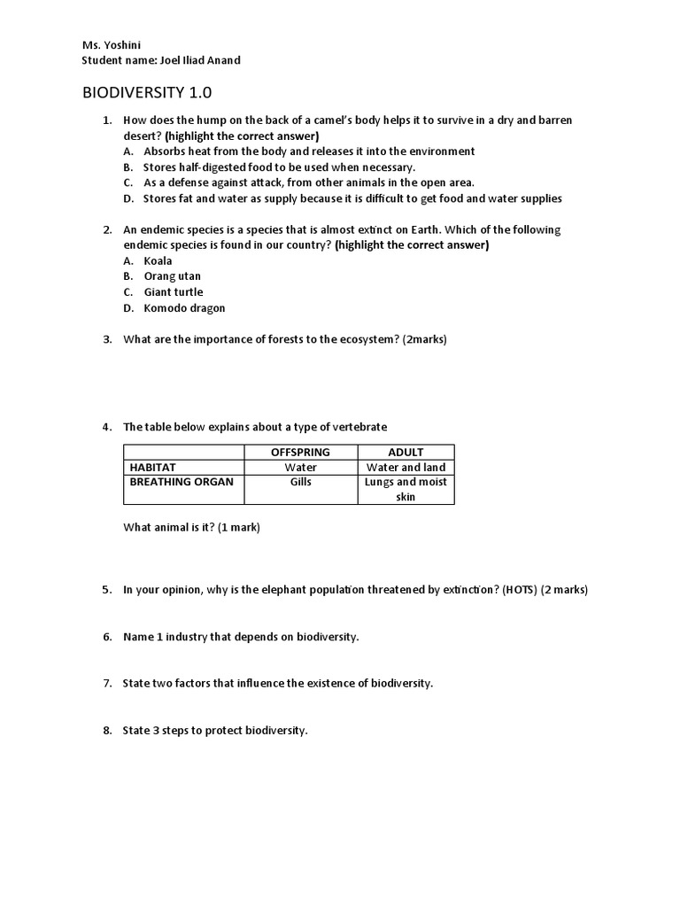 BIODIVERSITY 1.0 Exercise | PDF
