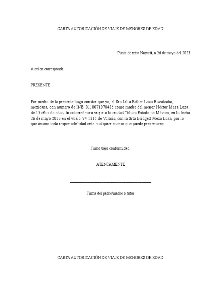 Carta Autorización de Viaje de Menores de Edad | PDF Carta Autorización de Viaje de Menores de Edad | PDF