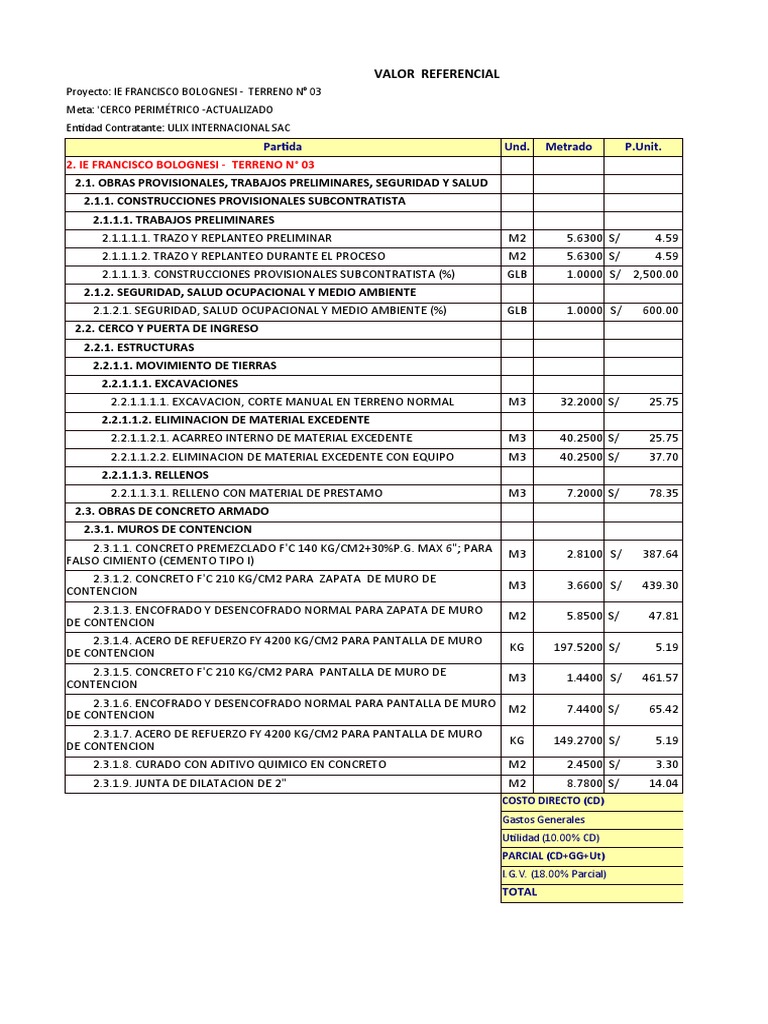 Ppto. Muro de Contención | Descargar gratis PDF | Hormigón | Materiales de construcción