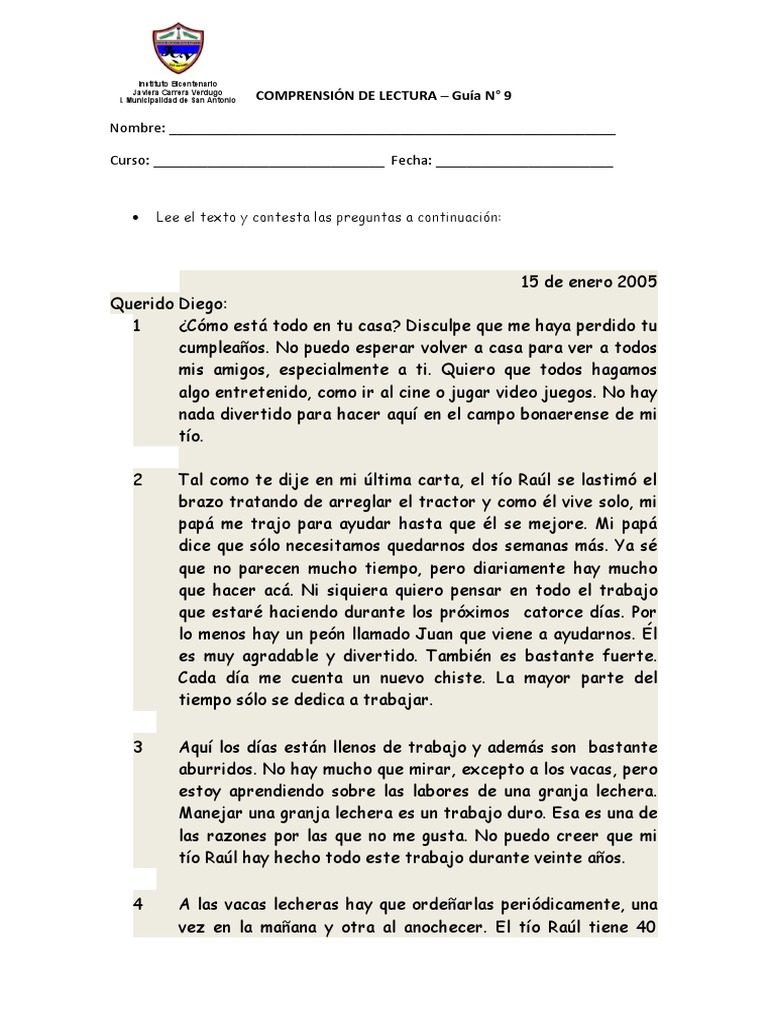 Comprensión de Lectura - Guía N°9 - Querido Diego. | PDF | Leche | Vacas