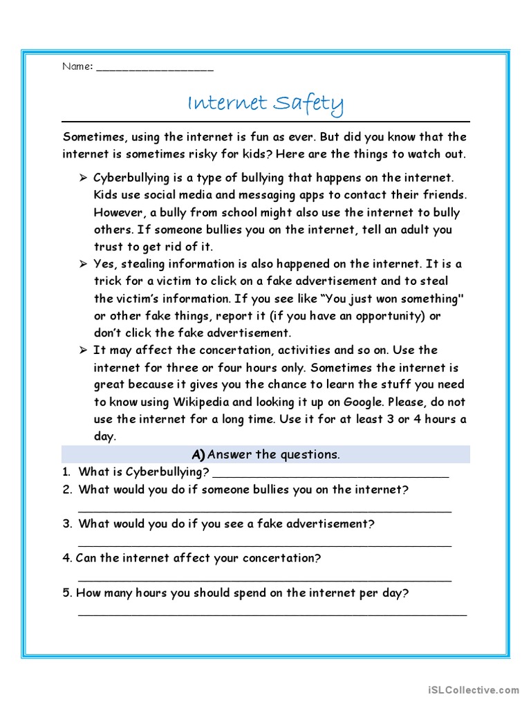 Reading Comprehension - Internet Safety | PDF | Cyberbullying | Internet
