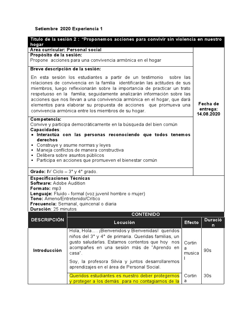 Guion Primaria 3° 4° Psoc. Sesión 18 10 Setiem | PDF