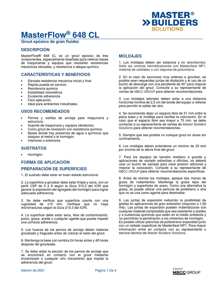 Masterflow 648 CL | PDF | Hormigón | Ingeniería de Edificación