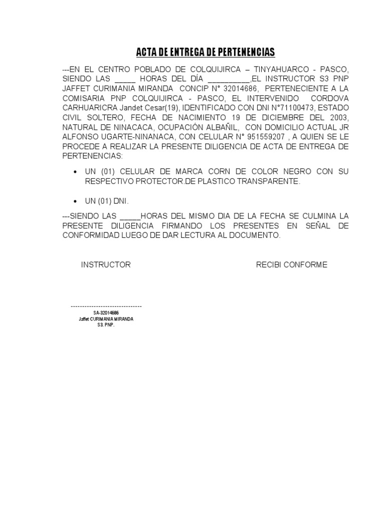 Acta De Entrega De Materialesformato De Entregar
