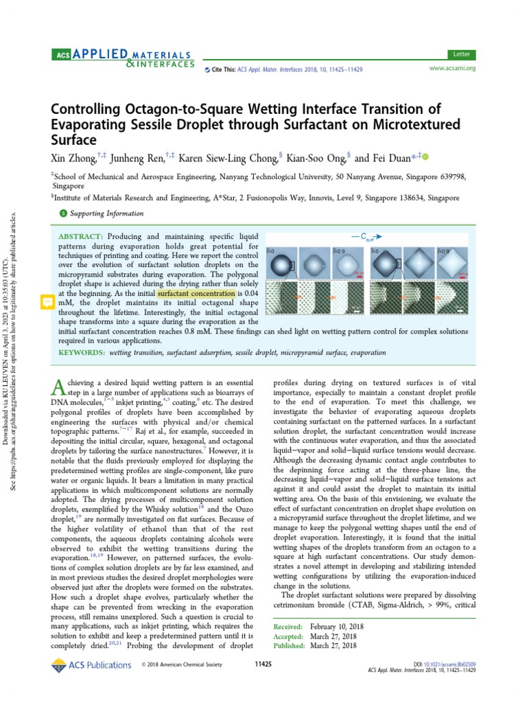 Controlling Octagon-To-Square Wetting Interface Transition of | PDF | Wetting | Drop (Liquid)