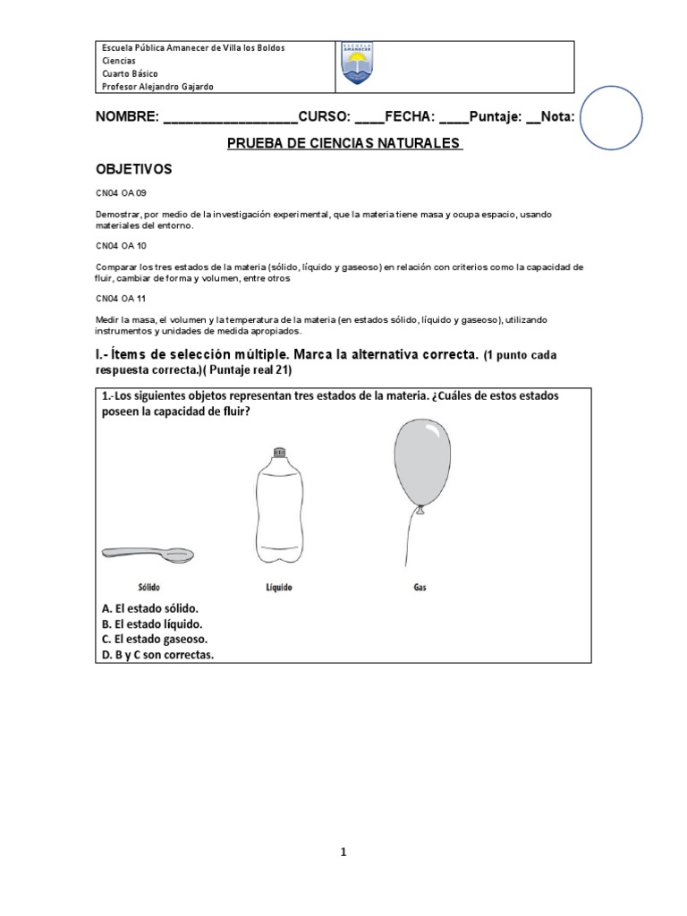 Prueba La Materia y Sus Propiedades | PDF | Líquidos | Gases