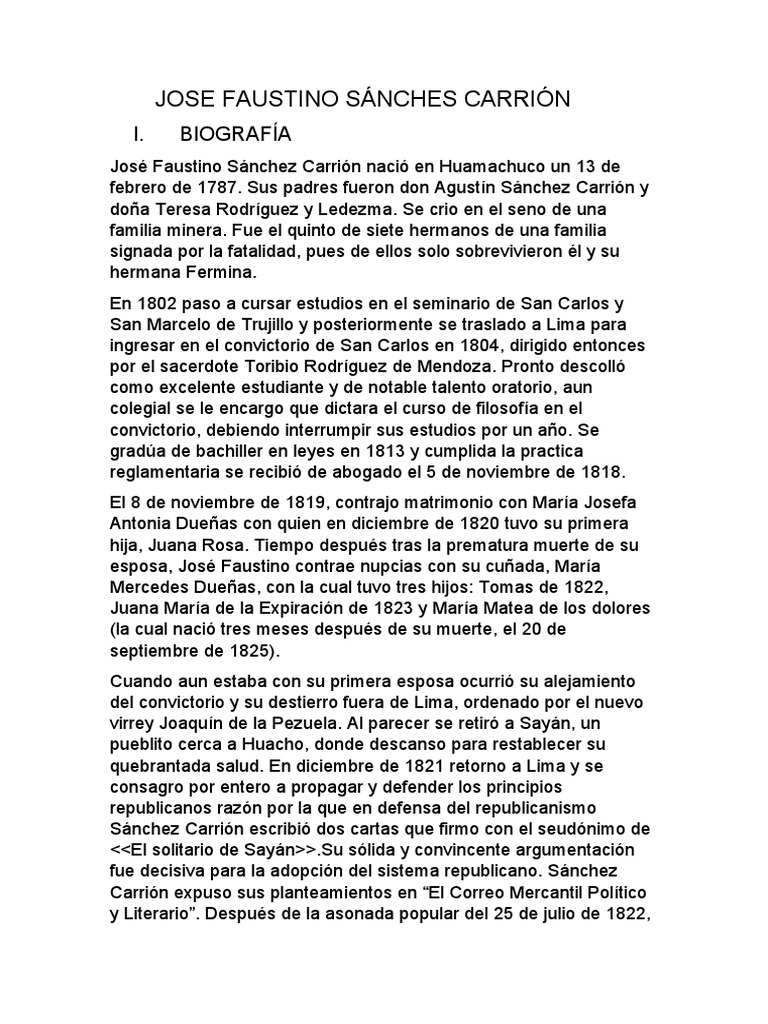 Biografía de José Faustino Sánchez Carrión | PDF | Gobierno | Perú