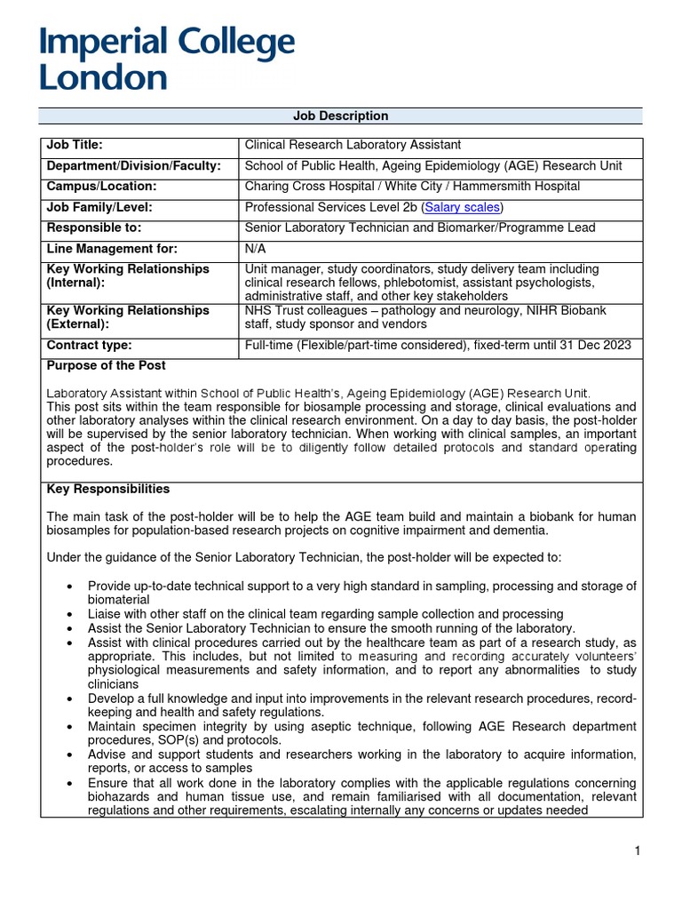 JD - Clinical Research Laboratory Assistant | PDF | Laboratories ... JD - Clinical Research Laboratory Assistant | PDF | Laboratories ...