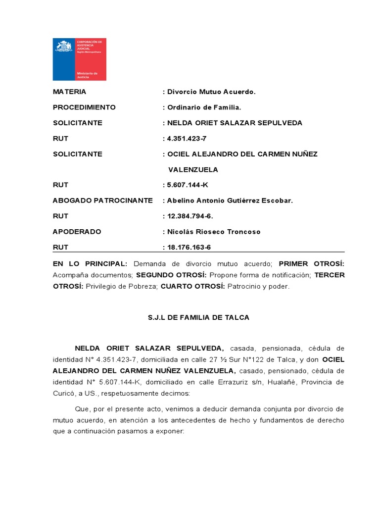 Demanda Divorcio Mutuo Acuerdo Descargar Gratis Pdf Divorcio