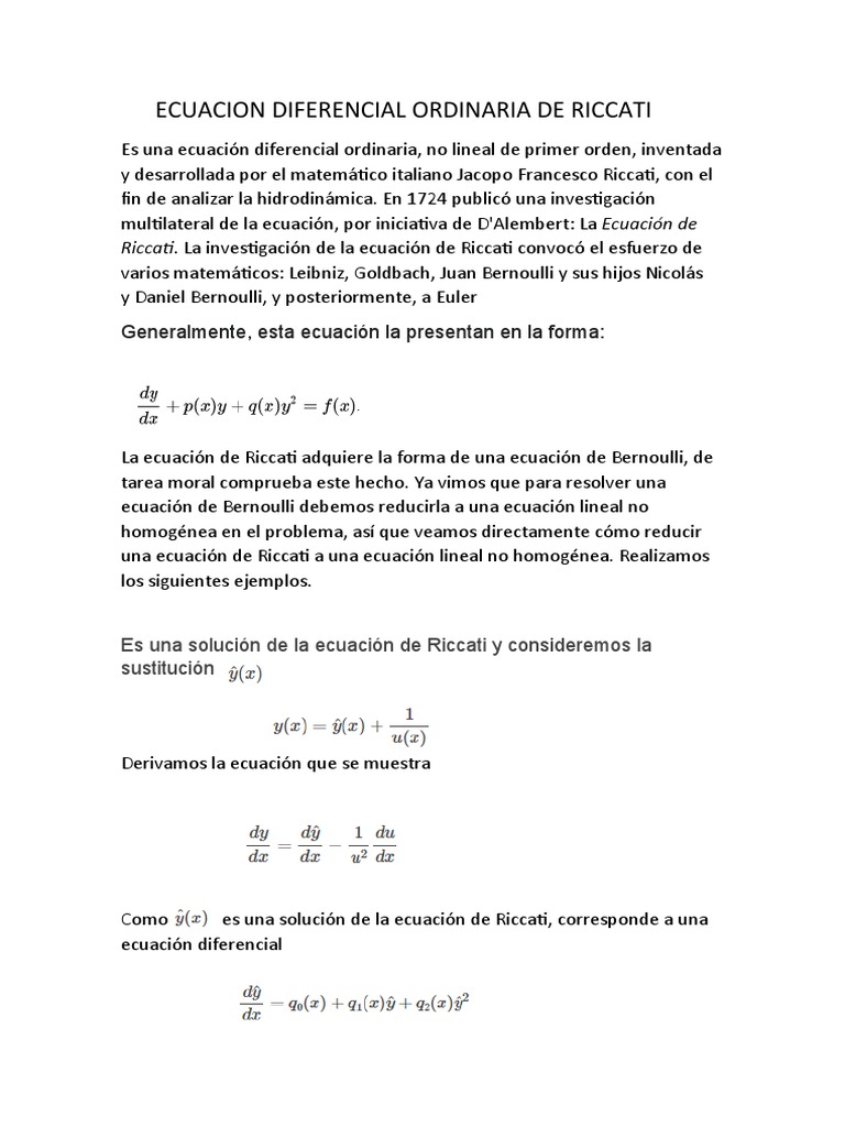 ECUACION DIFERENCIAL ORDINARIA DE RICCATI | PDF | Ecuaciones ...