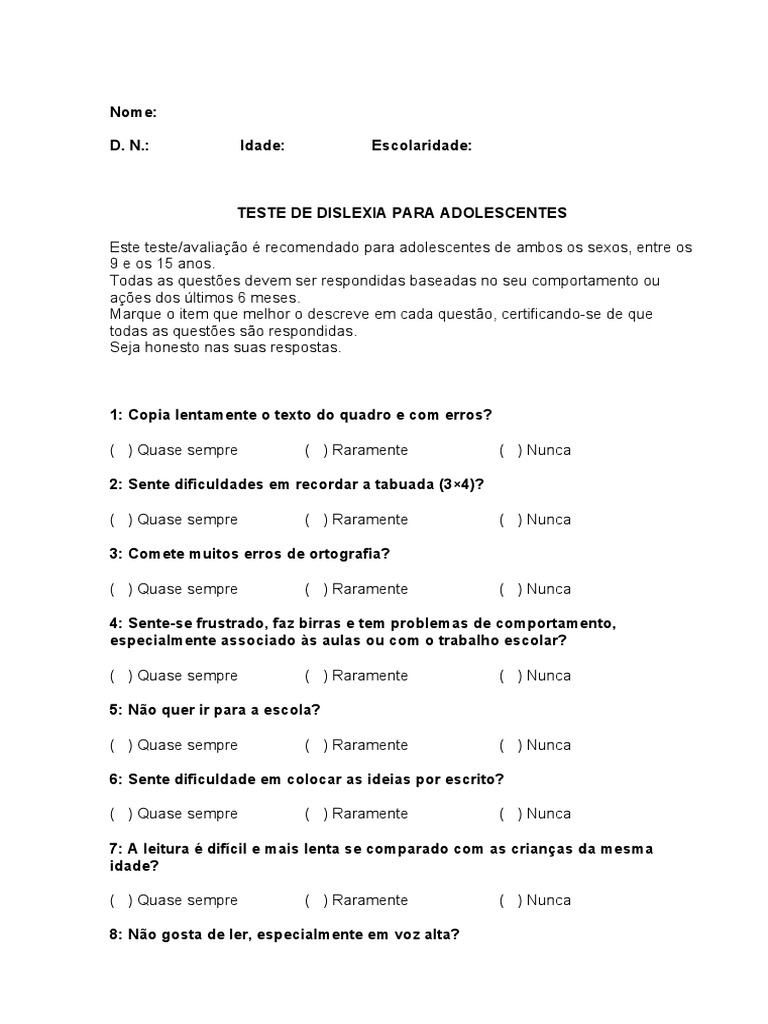 Teste de Dislexia para Adolescentes | PDF