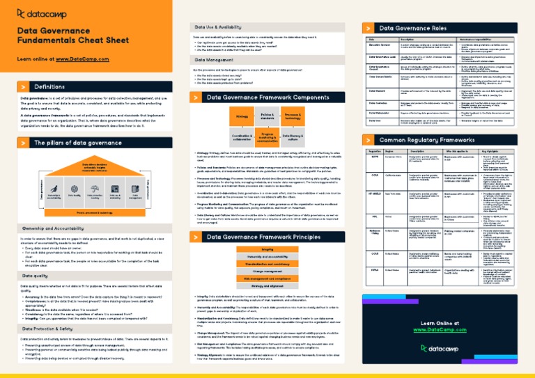 Data Governance Cheat Sheet | PDF | Governance | Regulatory Compliance Data Governance Cheat Sheet | PDF | Governance | Regulatory Compliance