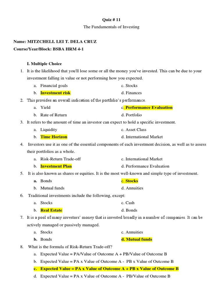 Dela Cruz MLT q11 | PDF | Financial Risk | Investing