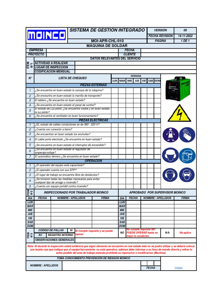 Moi-Apr-Chl-010 Check List Máquina de Soldar. | Descargar gratis PDF | Informática | Electricidad