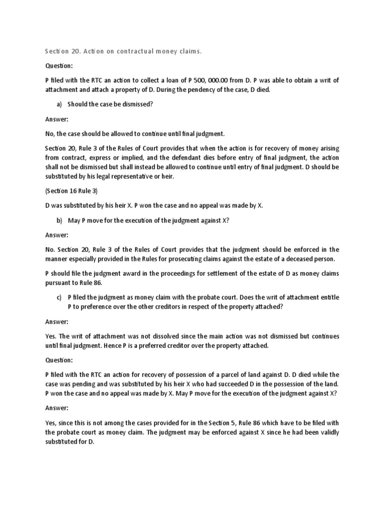Rule 3 Section 20 Contractual Money Claims | PDF | Appeal | Judgment (Law)