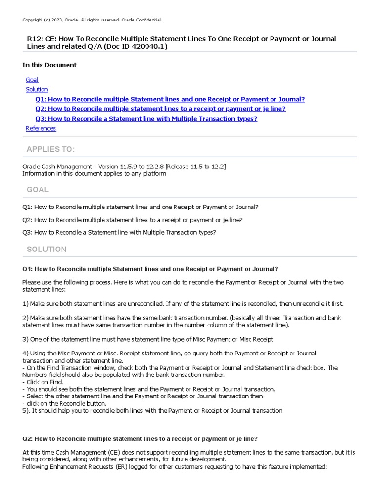 R12 CE How To Reconcile Multiple Statement Lines To One Receipt or ...