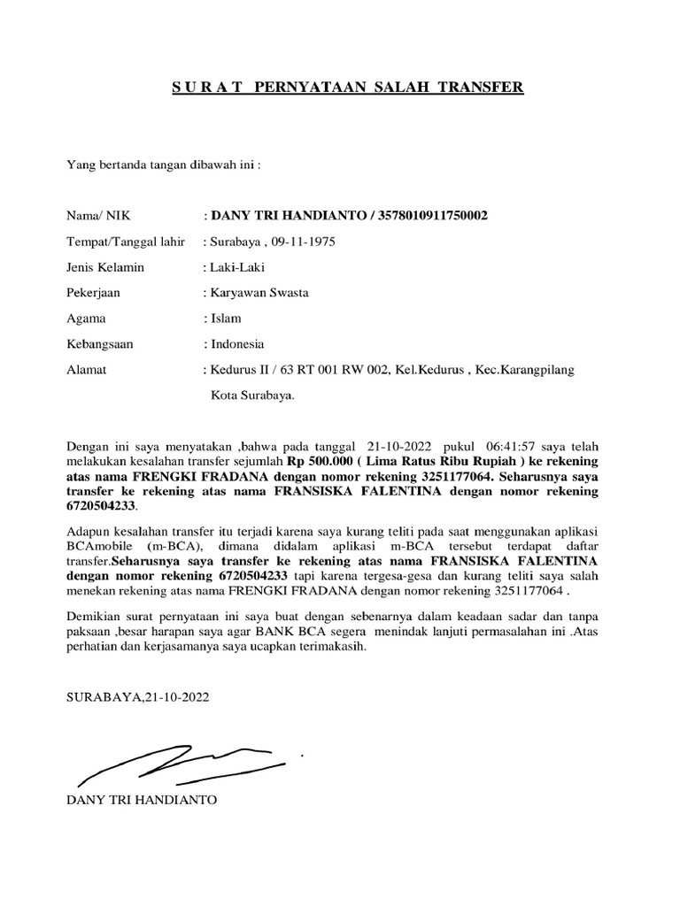 Surat Pernyataan Salah Transfer | PDF