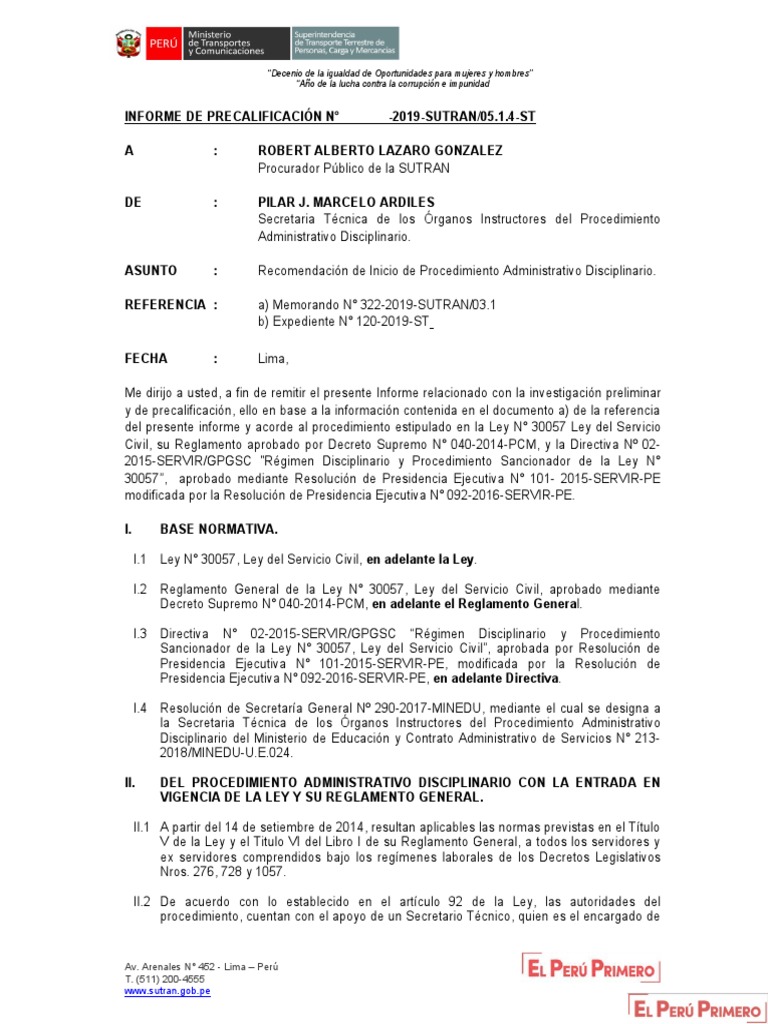 Informe sobre Procedimiento Disciplinario SUTRAN | PDF | Regulación ...