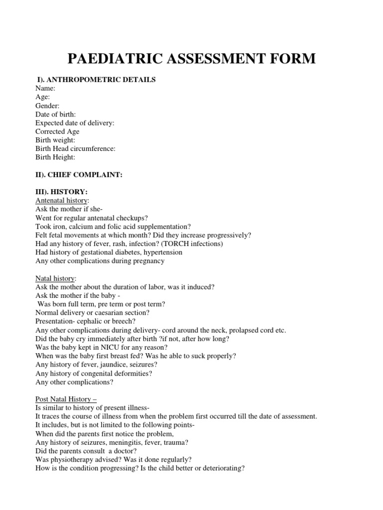 Paediatric Assessment Form | Childbirth | Pregnancy
