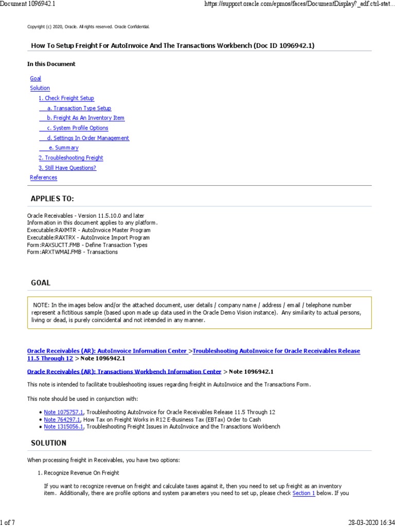 Important - How To Setup Freight For AutoInvoice and The Transactions Workbench Doc ID 1096942.1 ...