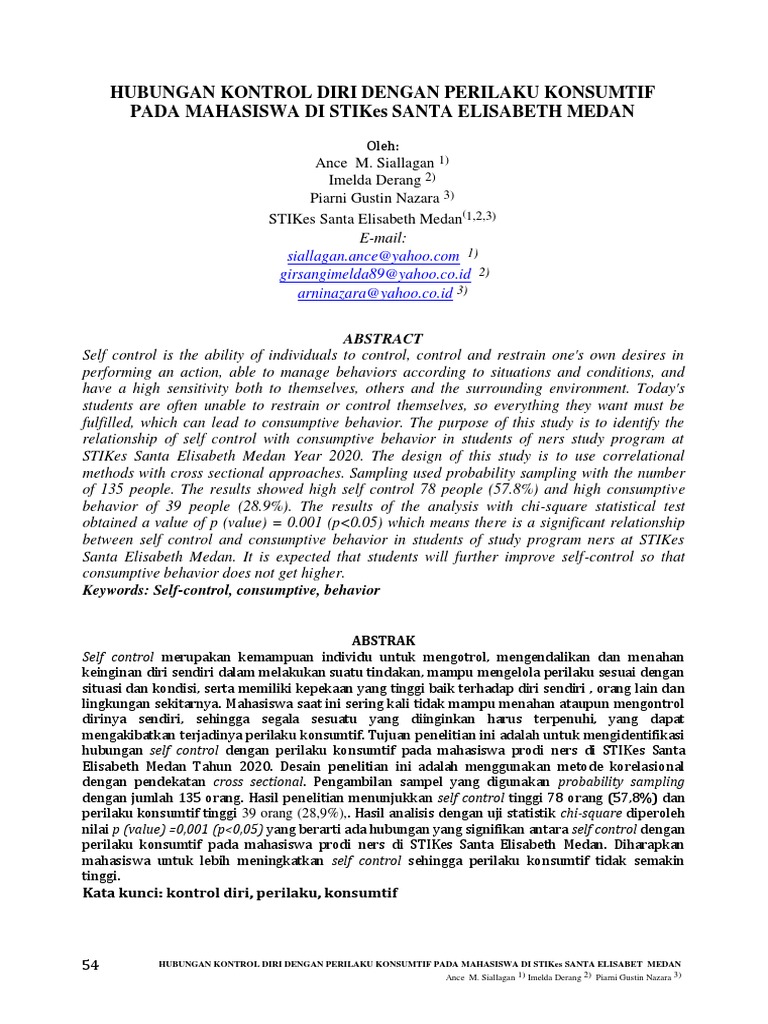 Hubungan Kontrol Diri Dengan Perilaku Konsumtif Pada Mahasiswa Di Stikes Santa Elisabeth Medan | PDF