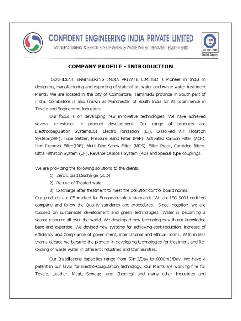 Confident Engineering Company Profile | PDF | Filtration | Water