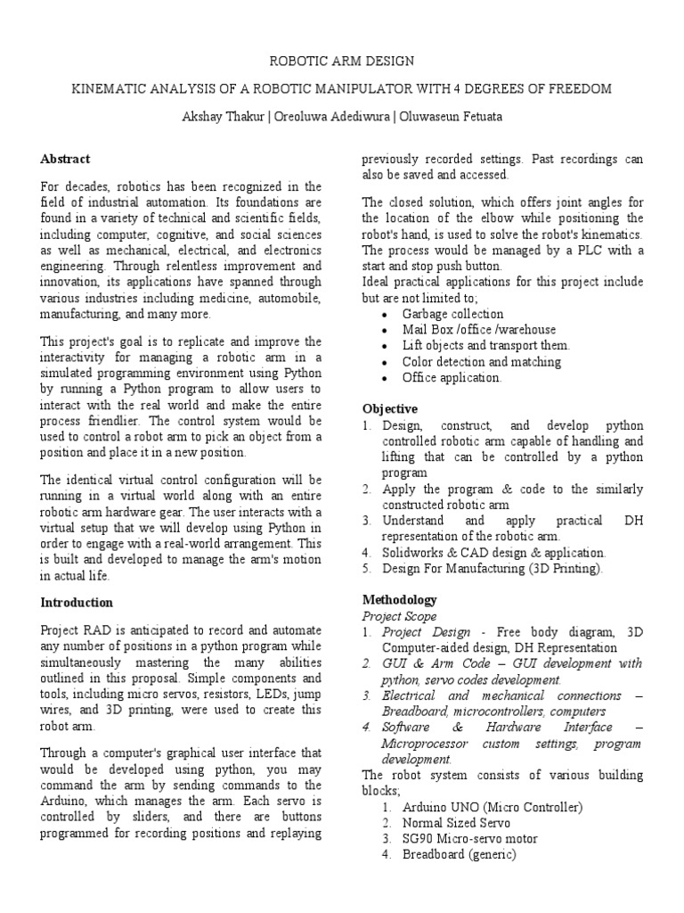 Robotic Arm Design Project | PDF | Robotics | Arduino