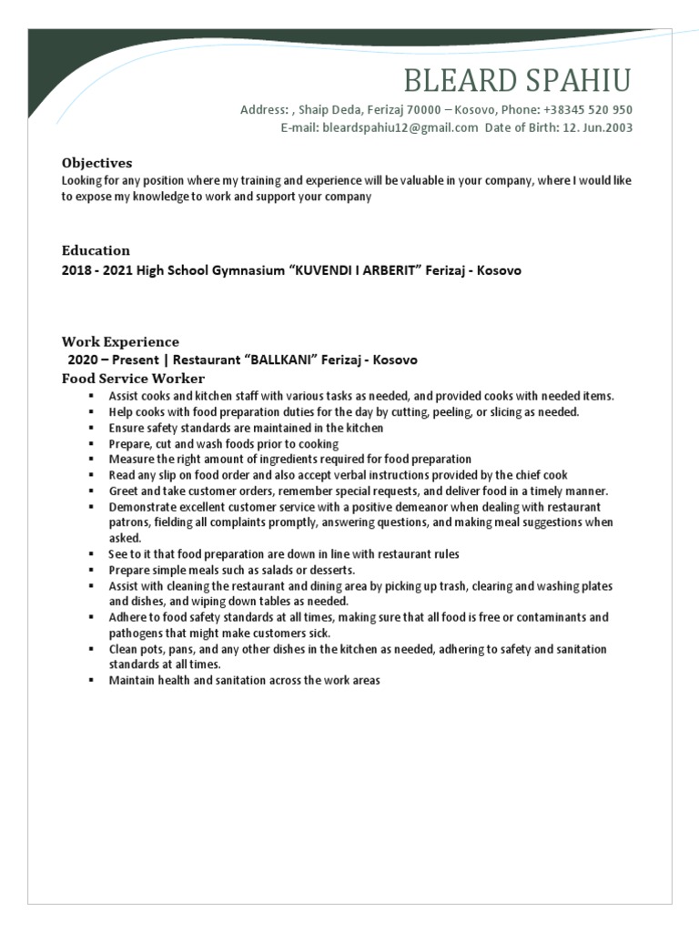 Bleard Spahiu - CV (Food Service Worker) | PDF | Restaurants | Kitchen