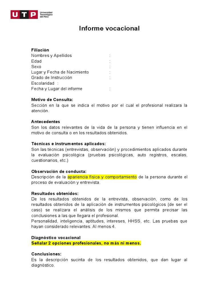 Modelo de Informe Vocacional | PDF
