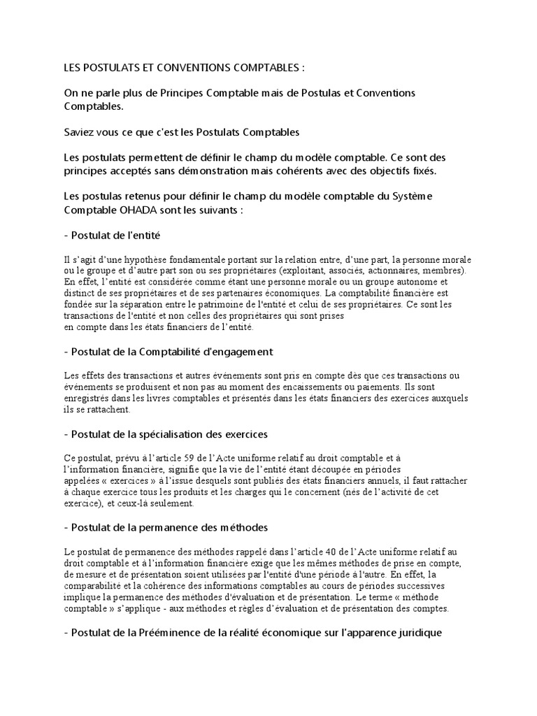 Les Postulats Et Conventions Comptables - Ohada | PDF | Comptabilité ...
