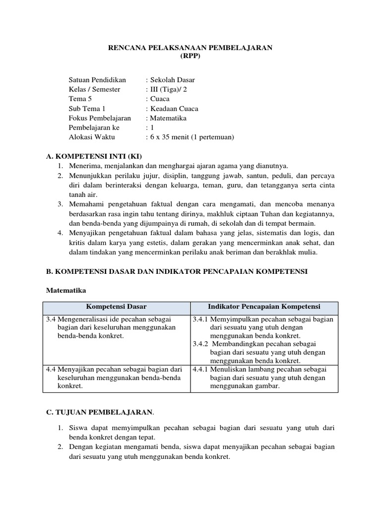 RPP Fokus Pembelajaran MTK Di SD | PDF