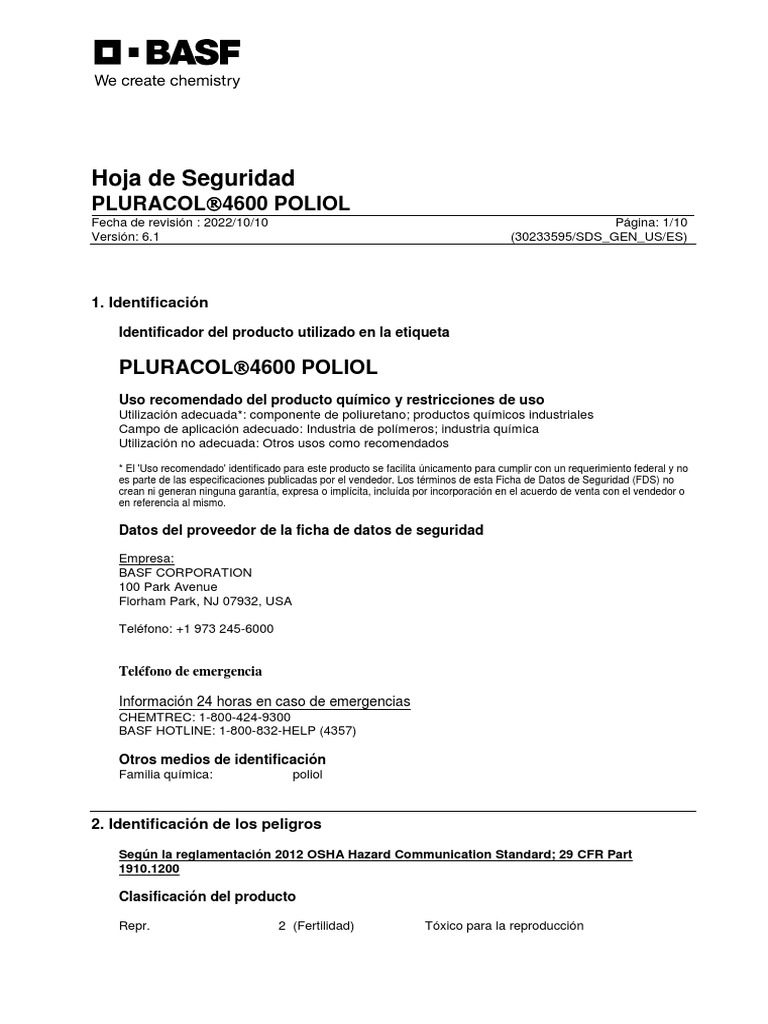 Pluracol 4600 Sds Es Us | PDF | Toxicidad | Solubilidad