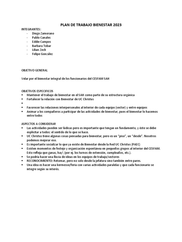 Plan de Trabajo Bienestar 2023 Borrador 7.03.23 | PDF