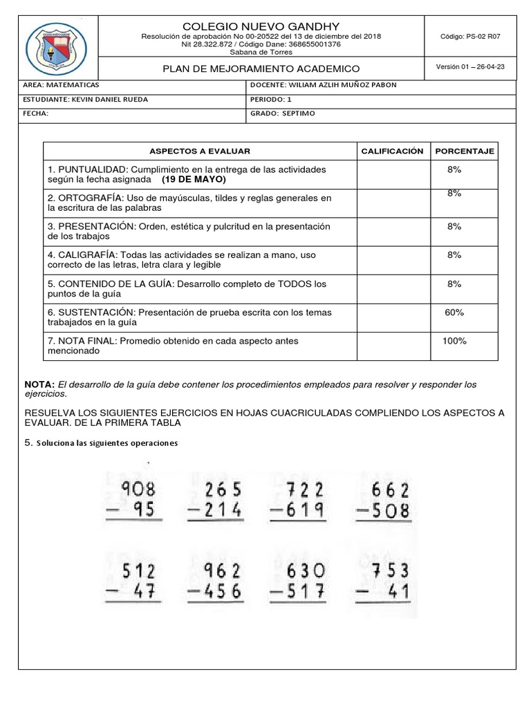 PS-02-R07 Plan de Mejoramiento Academico 7° Kevin | PDF