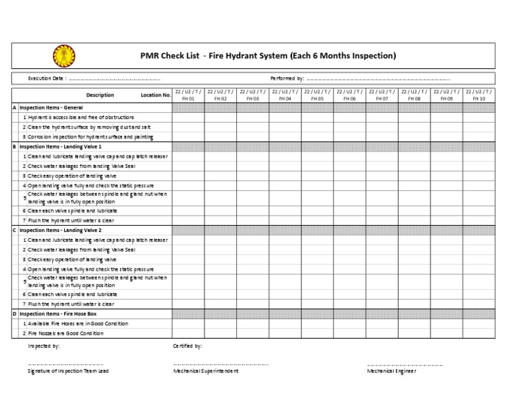 PMR Check List - Fire Hydrant System (Each 6 Months Inspection) | PDF ...
