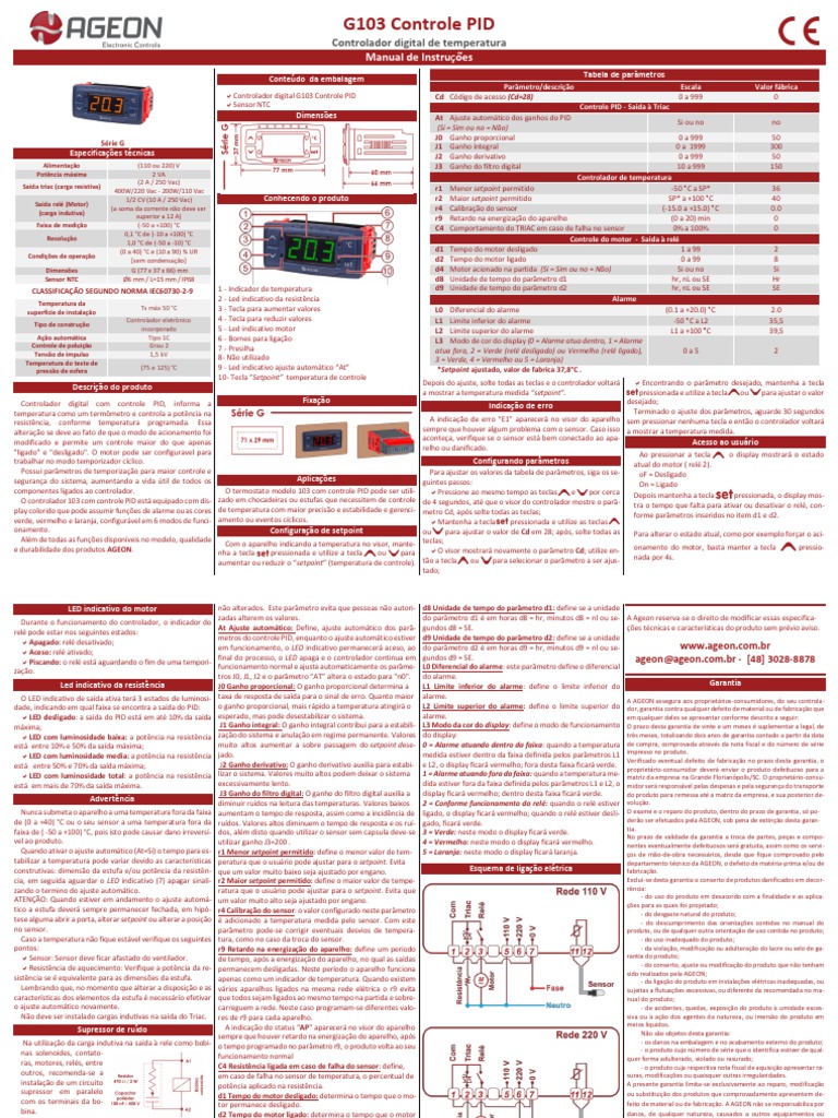 Manual do Controlador PID G103 | PDF | Temperatura | Tempo