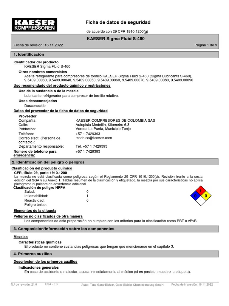 MSDS-SF S-460-Col - 50-29823 | PDF | Residuos | Agua