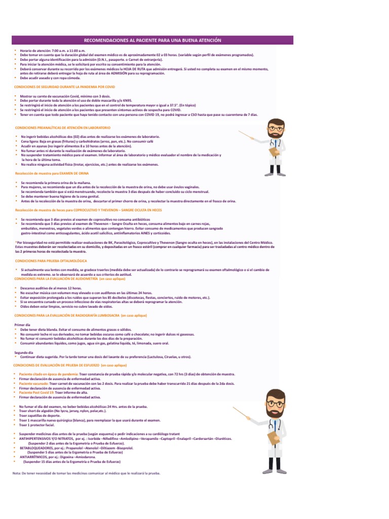 Recomendaciones para Examen Medico | PDF | Bebida | Heces Recomendaciones para Examen Medico | PDF | Bebida | Heces